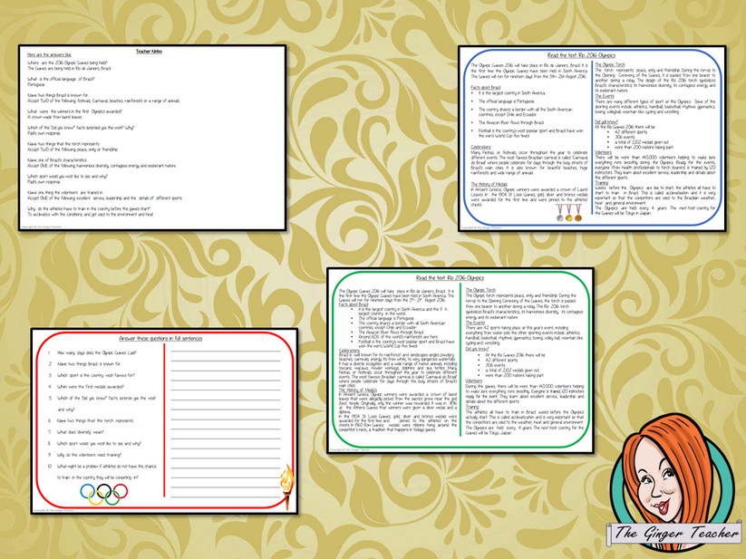 Rio 2016 Olympics Reading Comprehension Cards – The Ginger Teacher