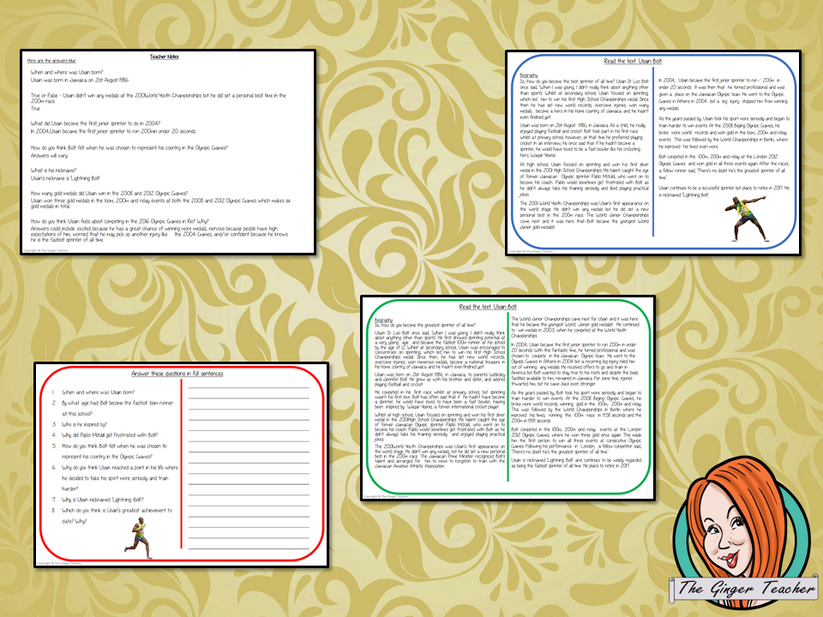 Usain Bolt Biography Reading Comprehension Cards – The Ginger Teacher